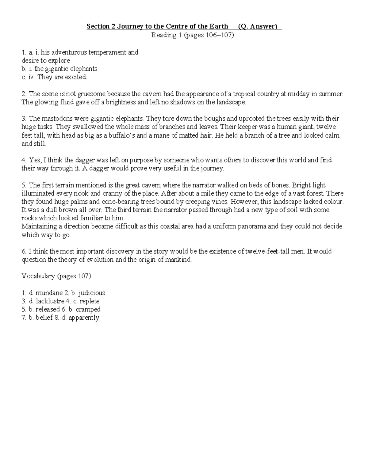 Answer Journey to the Centre of the Earth - Answer) Reading 1 (pages ...
