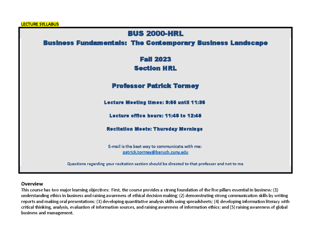 +BUS 2000 Syllabus-Fall 2023-Professor Tormey+ - LECTURE SYLLABUS BUS ...