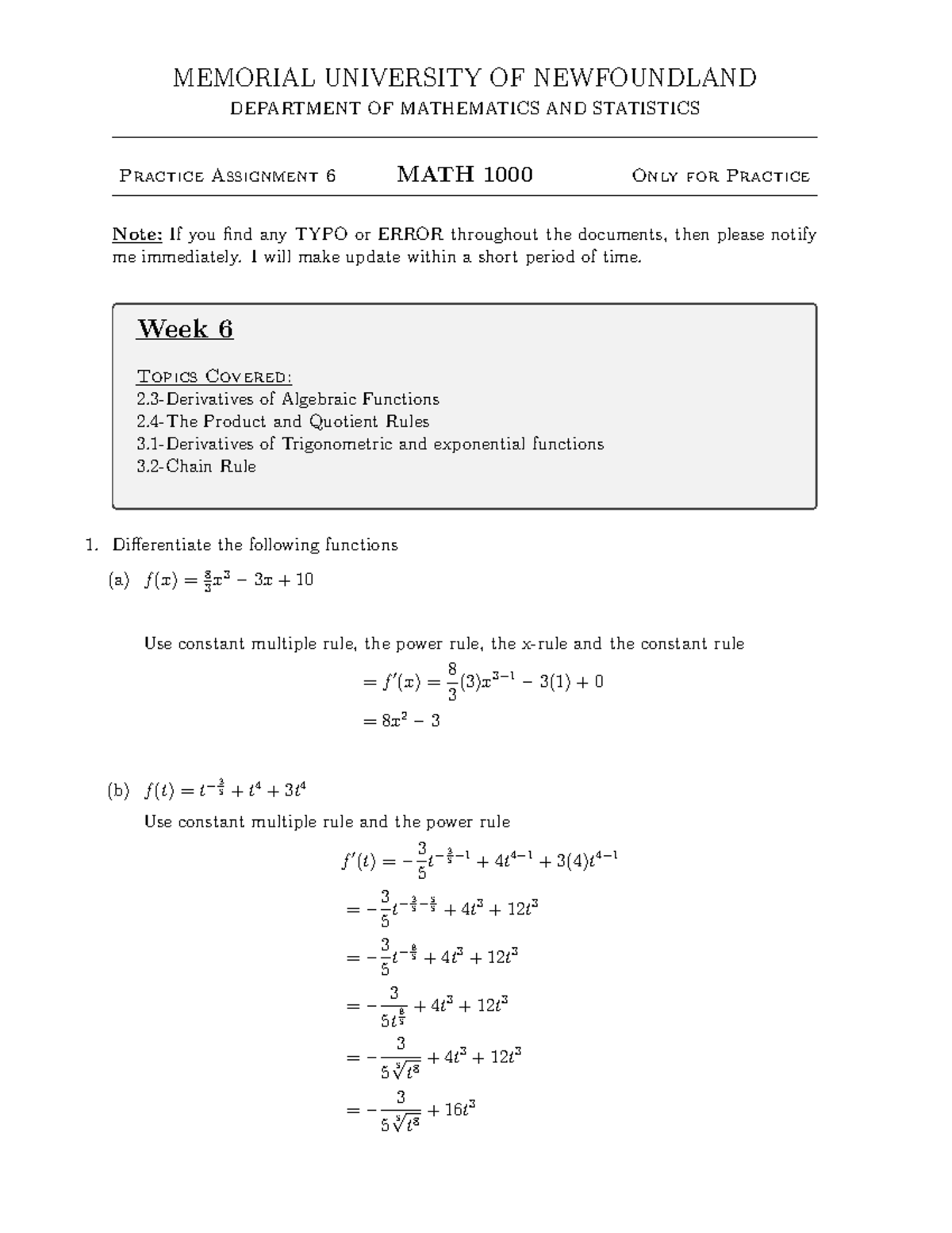 Assignment-6-solutions - MEMORIAL UNIVERSITY OF NEWFOUNDLAND DEPARTMENT ...