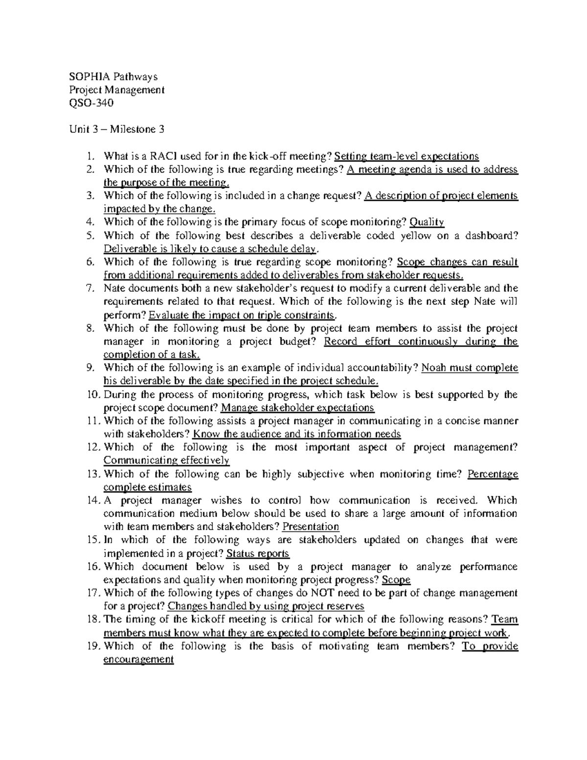 Sophia - Unit 3 - Milestone 3 Project Mgmt QSO-340 - SOPHIA Pathways Project Management QSO ...