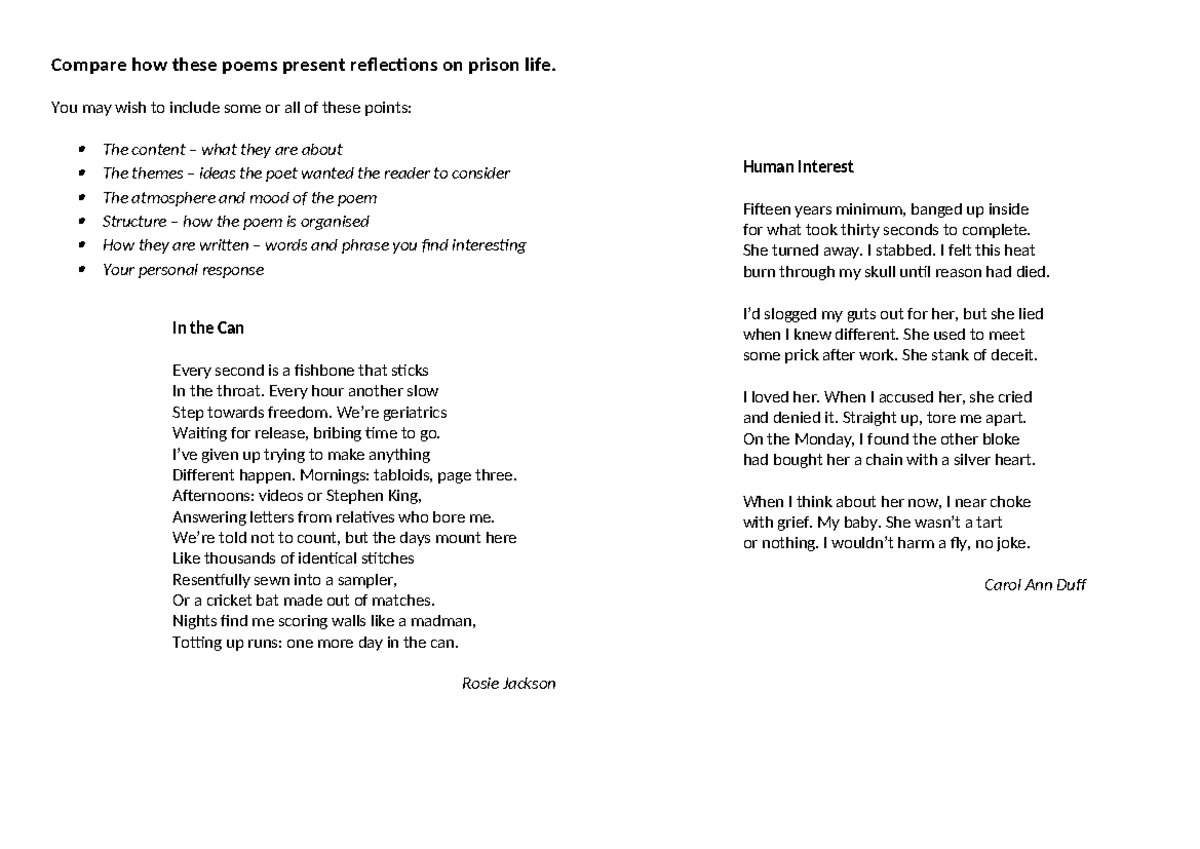 In The Can & Human Interest[ 3904] - Compare how these poems present ...
