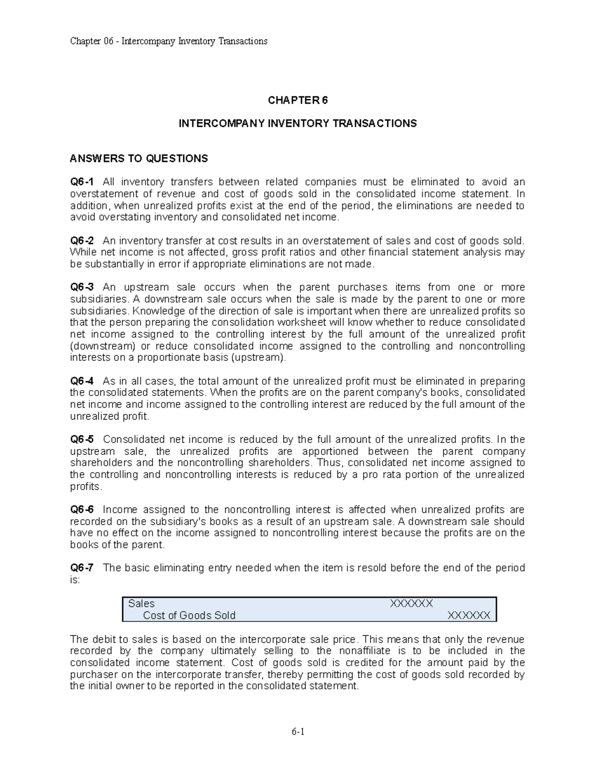 Chapter 6 Solution Manual - CHAPTER 6 INTERCOMPANY INVENTORY TRANSACTIONS ANSWERS TO QUESTIONS ...