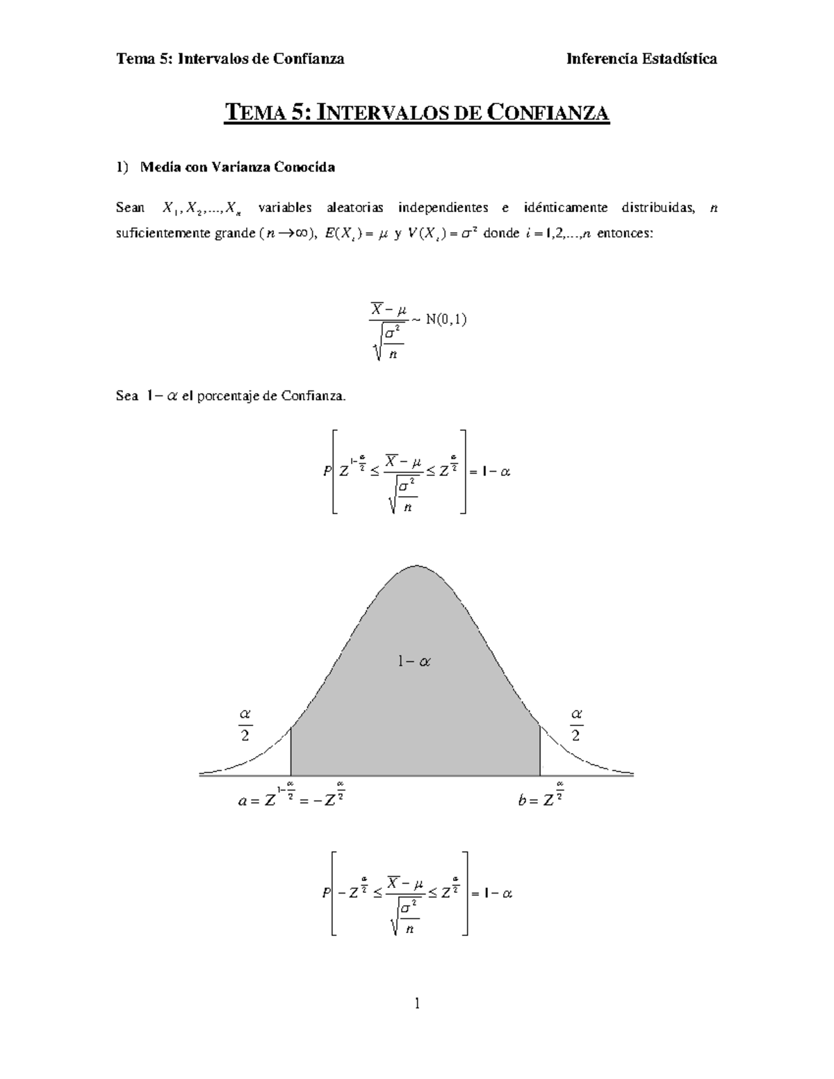 TEMA 5- Intervalos DE Confianza - TEMA 5: INTERVALOS DE CONFIANZA 1) Media con Varianza Conocida ...