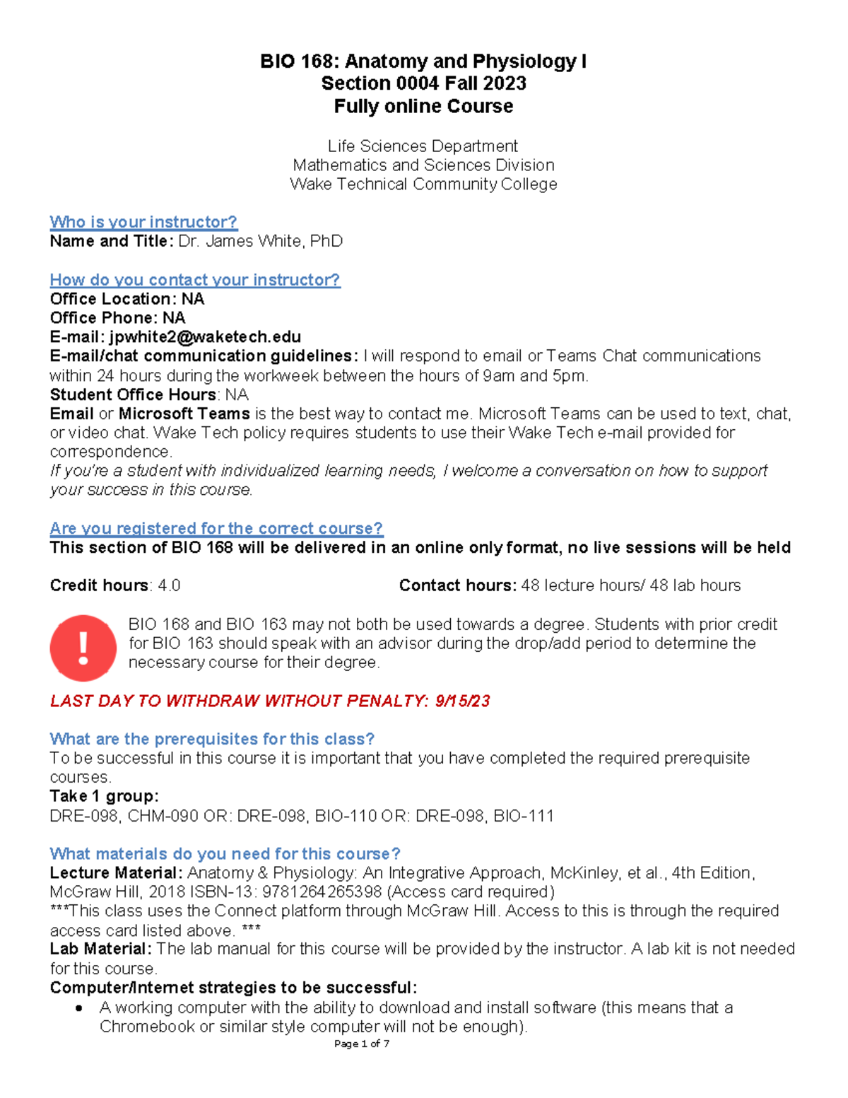 BIO168-FA2023-Syllabus J - BIO 168: Anatomy and Physiology I Section ...