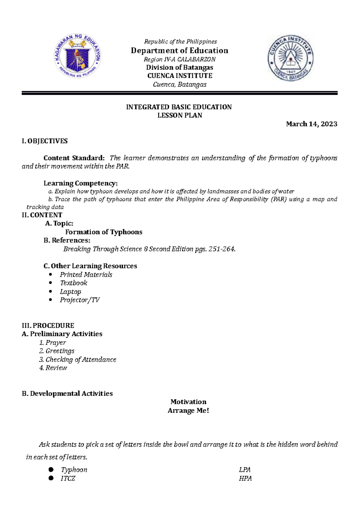 G8 5E'S- Formation OF Typhoons - Republic of the Philippines Department ...