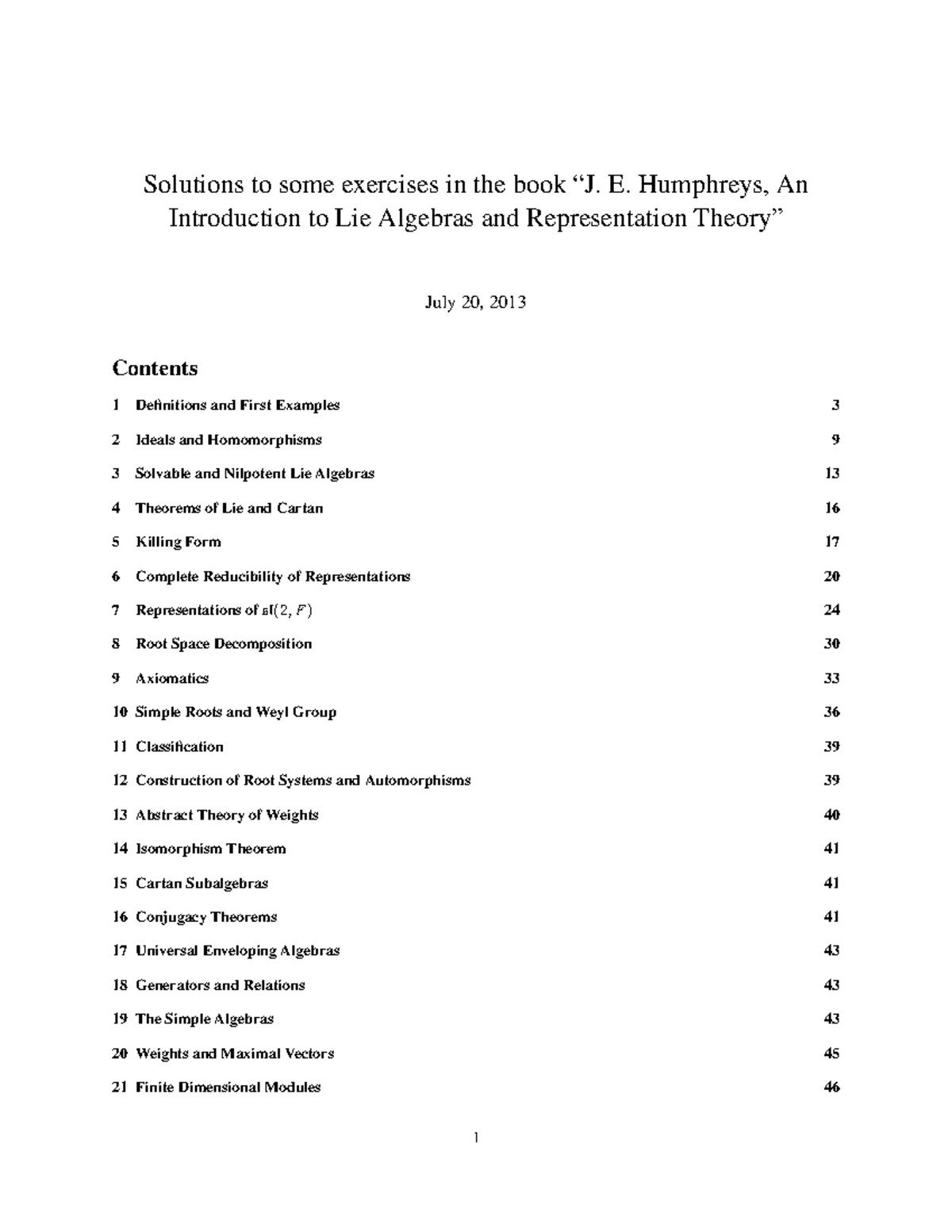 Solutions to some exercises in the book J. E. Humphreys, An ...