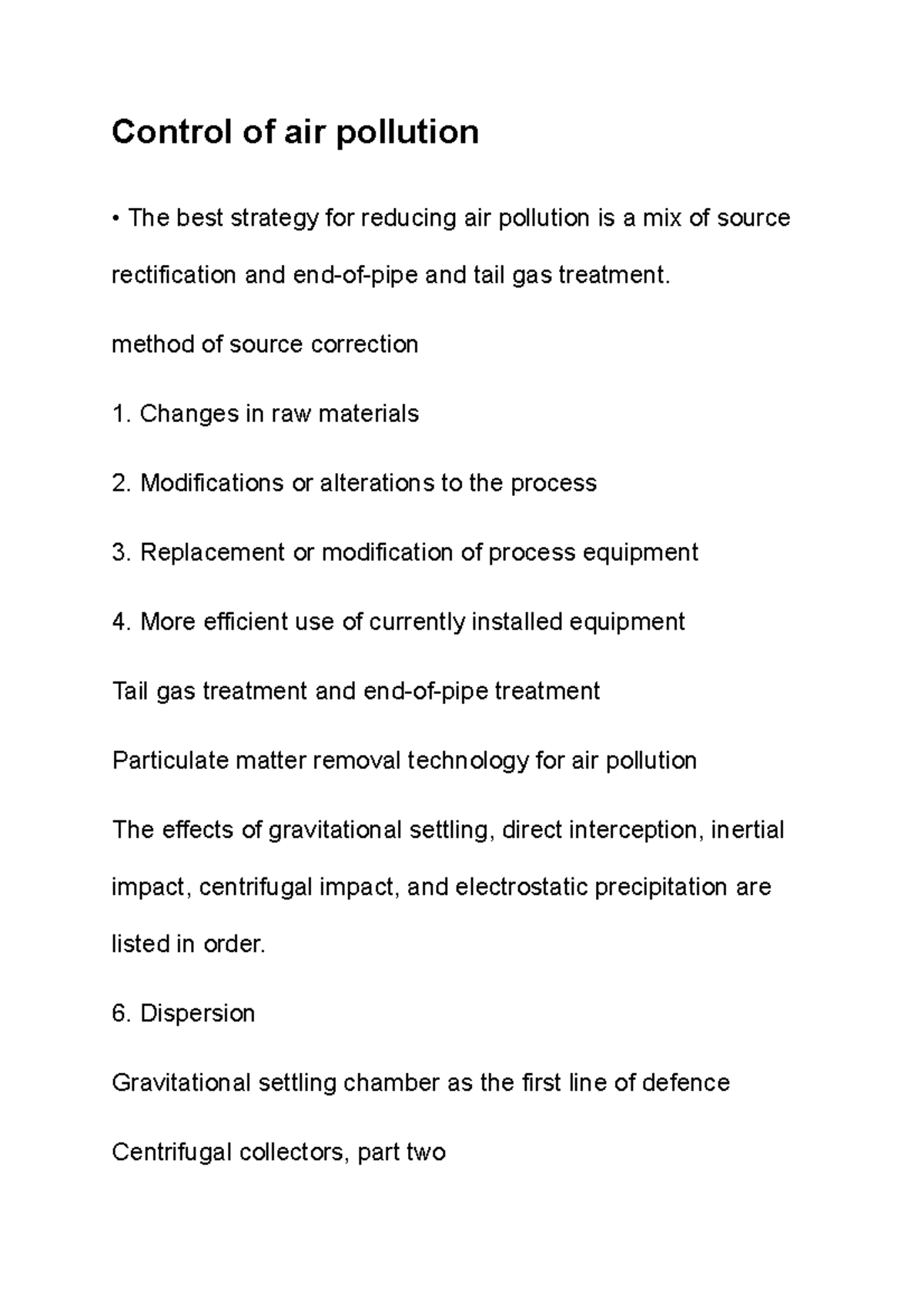 Control of air pollution - method of source correction Changes in raw ...