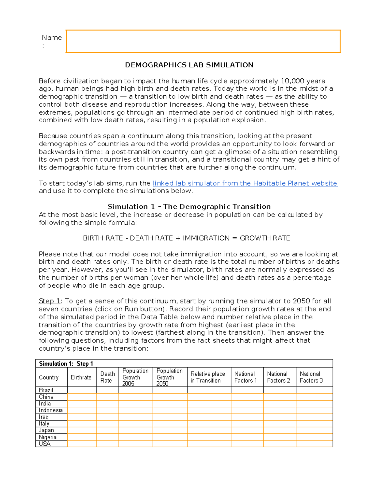 Shane Hart - Demographic Simulation Lab Sheet - Name : DEMOGRAPHICS LAB ...