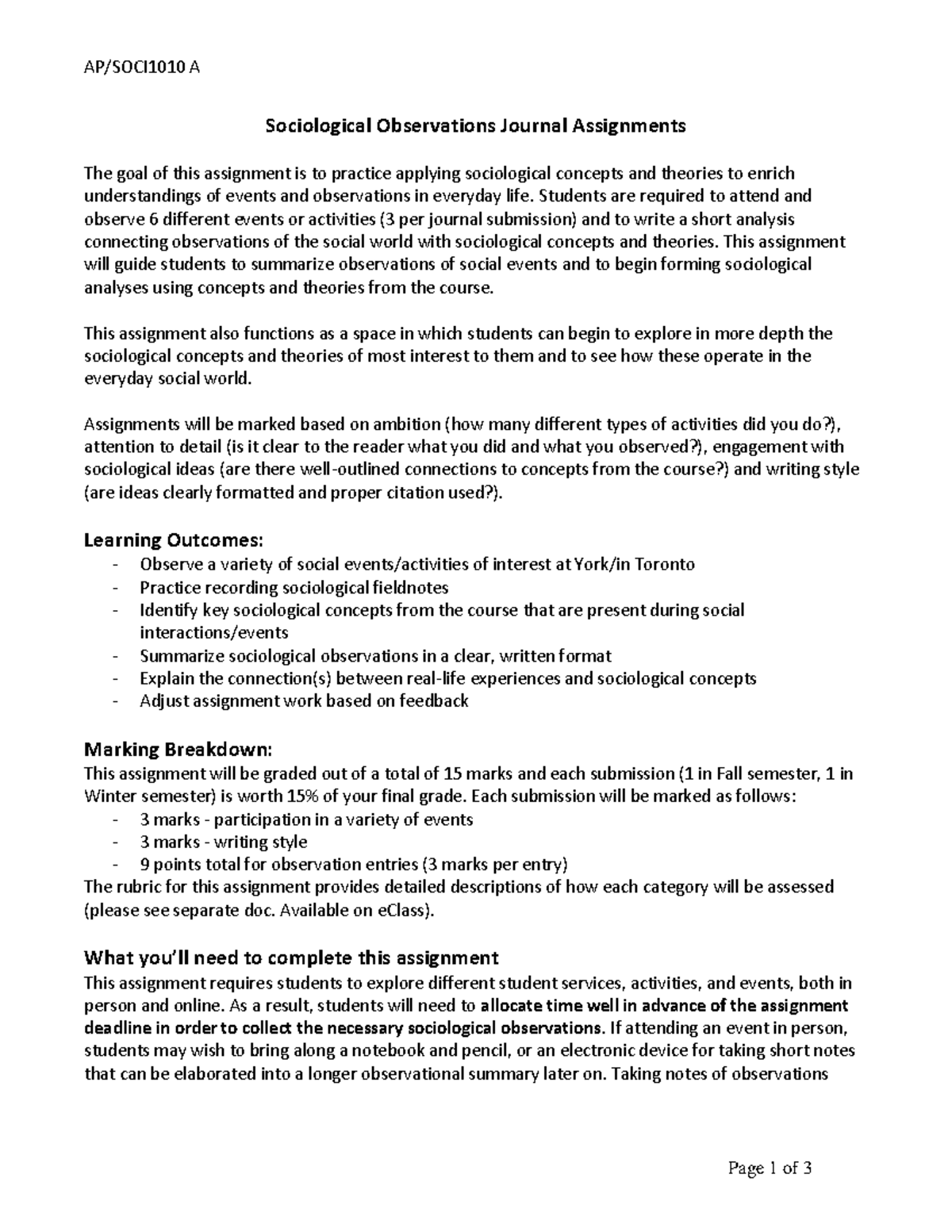 Sociological Observations Journal - Instructions - AP/SOCI1010 A Page 1 ...