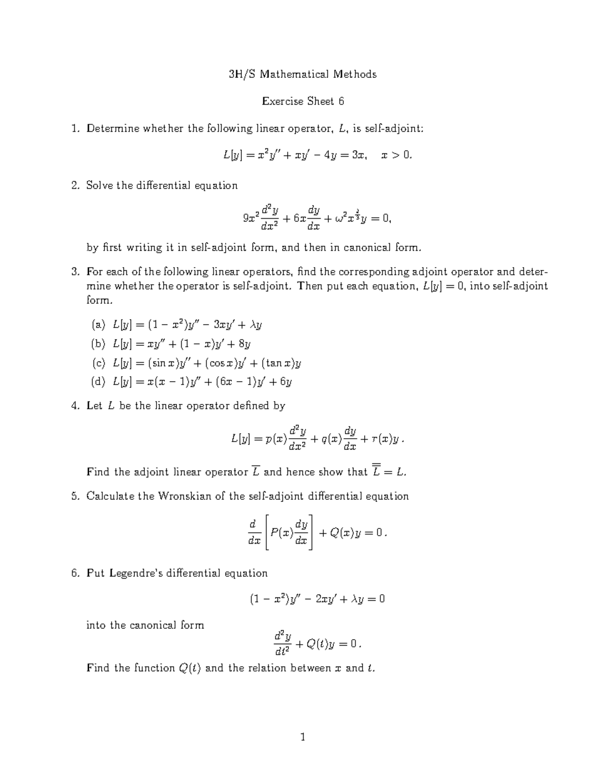 3h Math Meth exsheet 6 - exercise sheet 6 - 3H/S Mathematical Methods ...