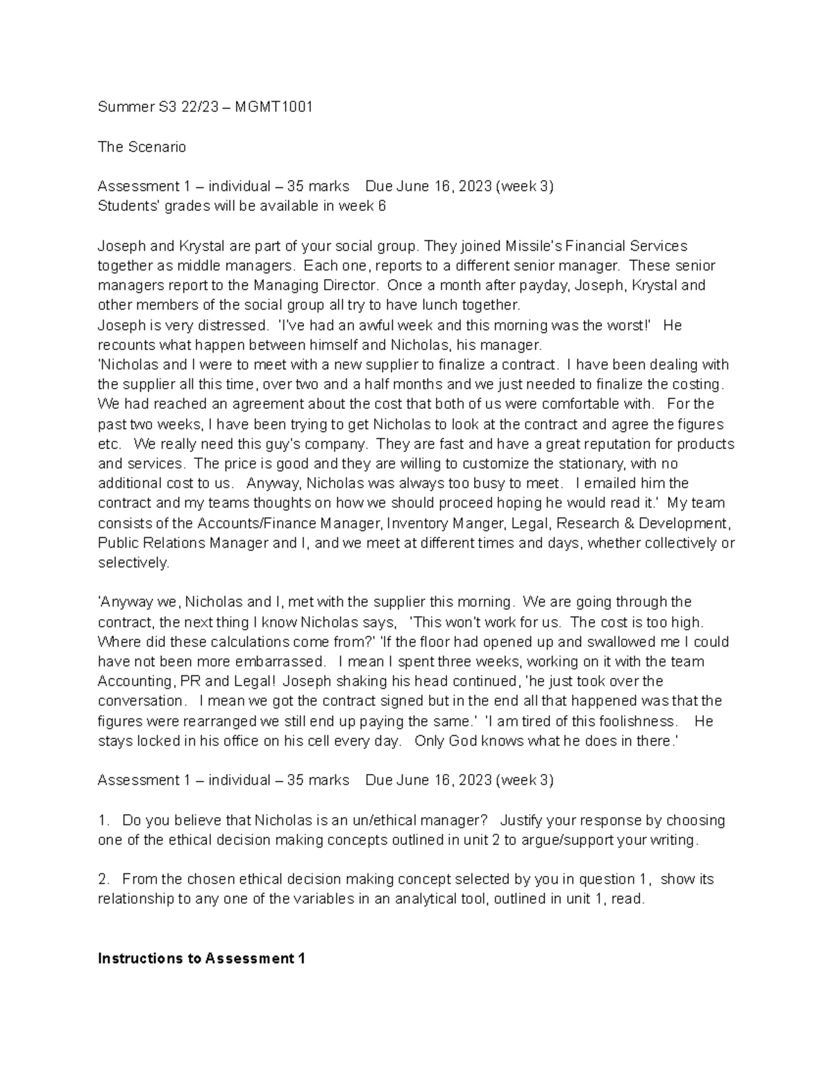 MGMT1001 Assignment 1 Question Paper - Summer S3 22/23 – MGMT The ...