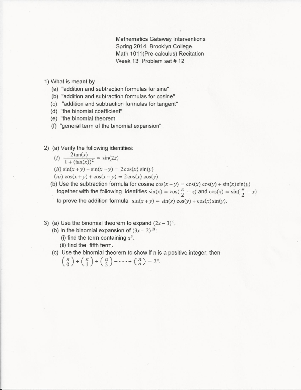Problem set 12 Week 13 Recitations Math 1011(Pre-calculus) Mathematics ...