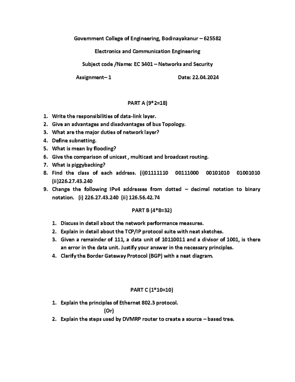 Ns assignment-1 - Assignment - Government College of Engineering, Bodinayakanur – 625582 ...