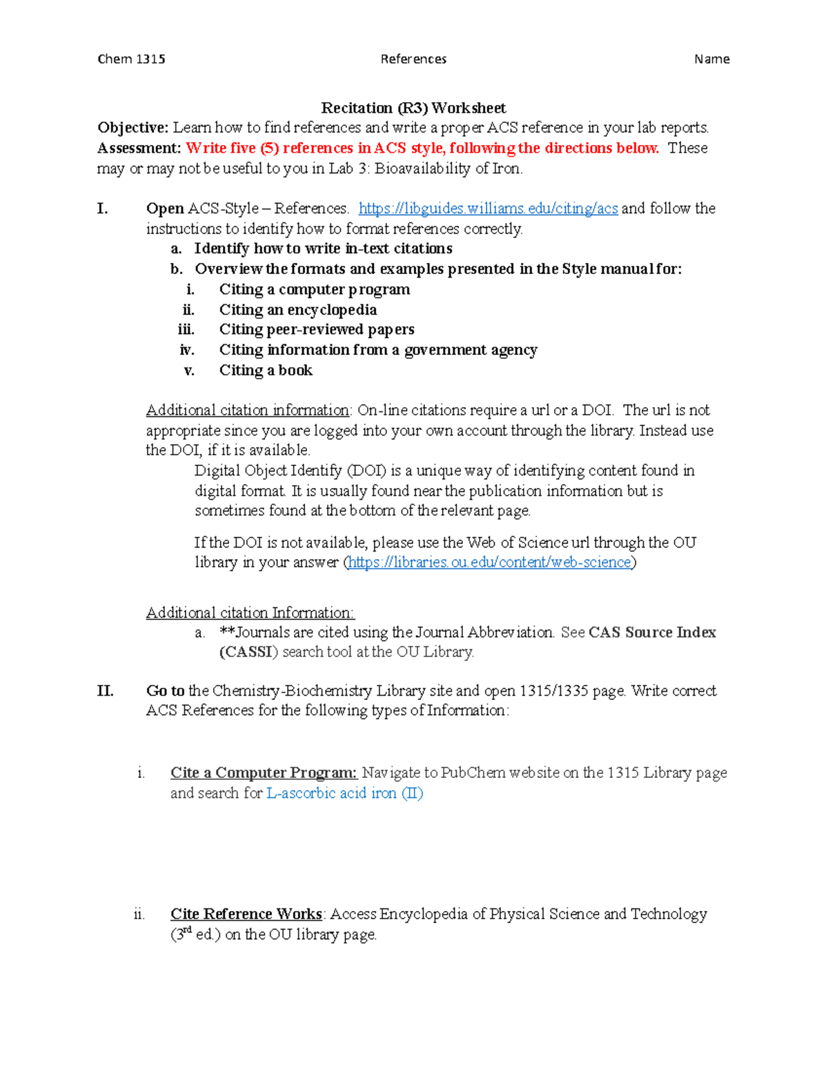 Student References Worksheet Chem Recitation - Chem 1315 References ...
