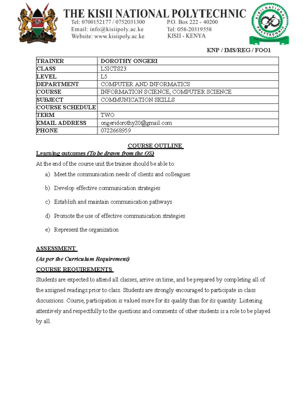 Course Outline Summary Biostatistics And Computer Applications Knp Imsreg Foo Trainer