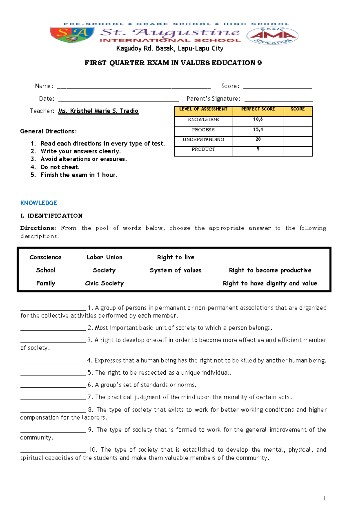 First-quarter-exam-in-values-education-9-kagudoy-rd-basak-lapu-lapu ...