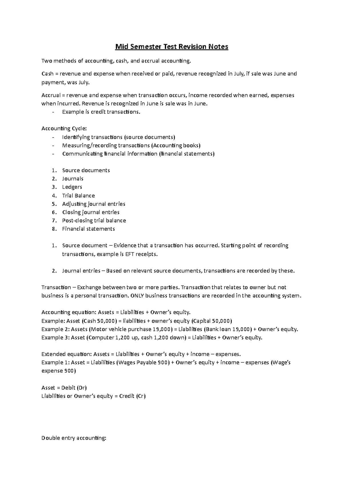 Mid Semester Test Revision Notes - Cash = revenue and expense when ...
