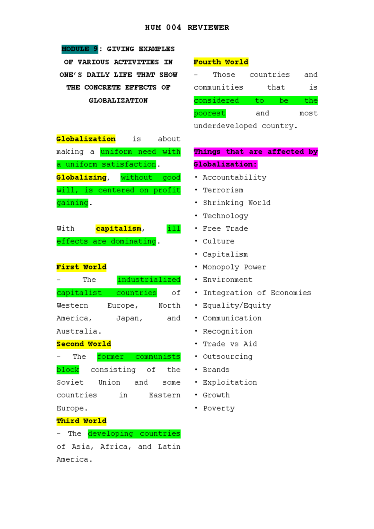 HUM-004- Reviewer - HUM 004 REVIEWER MODULE 9: GIVING EXAMPLES OF VARIOUS ACTIVITIES IN ONE’S ...