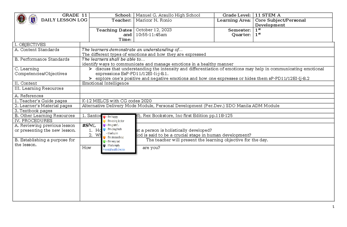 DLP for COT 1 - GRADE 11 DAILY LESSON LOG School: Manuel G. Araullo ...