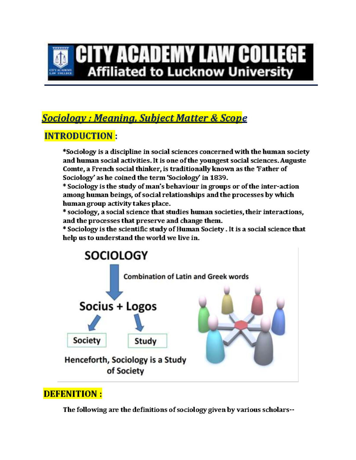 Sociology,sem 1,unit1,lec1 long Ques - Sociology : Meaning, Subject Matter & Scope INTRODUCTION ...