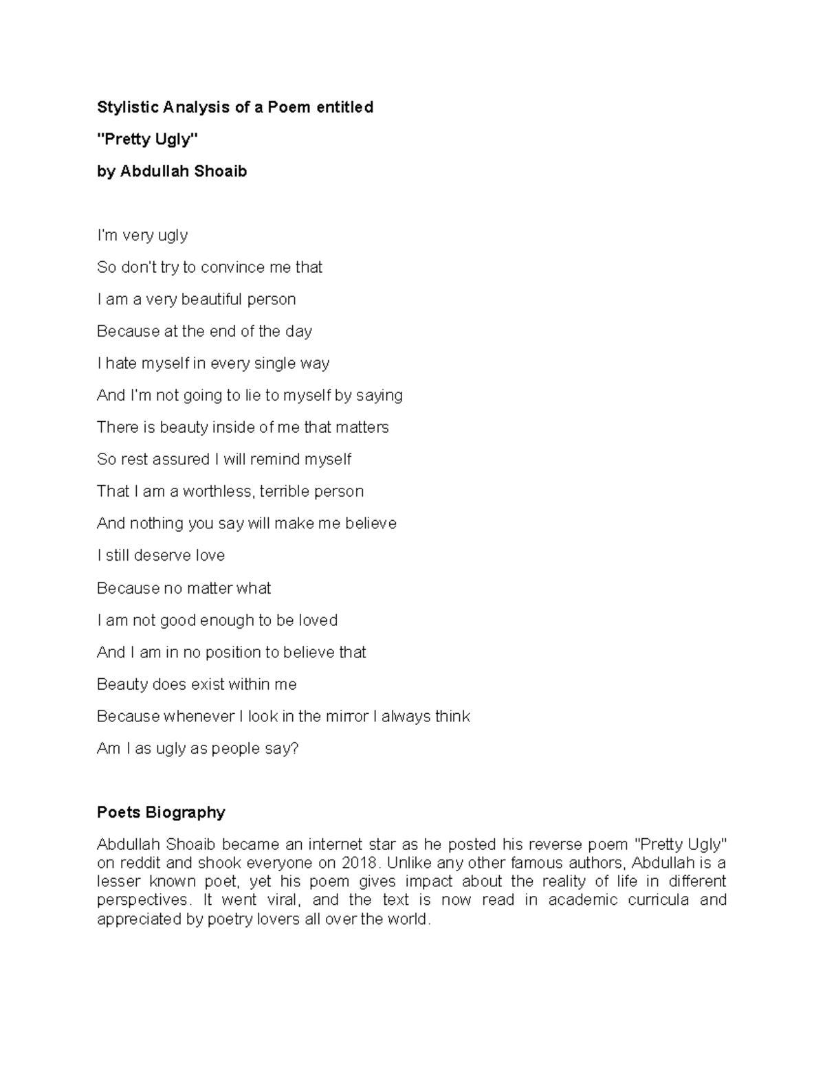 Stylistic Analysis on the poem Pretty Ugly - Stylistic Analysis of a ...