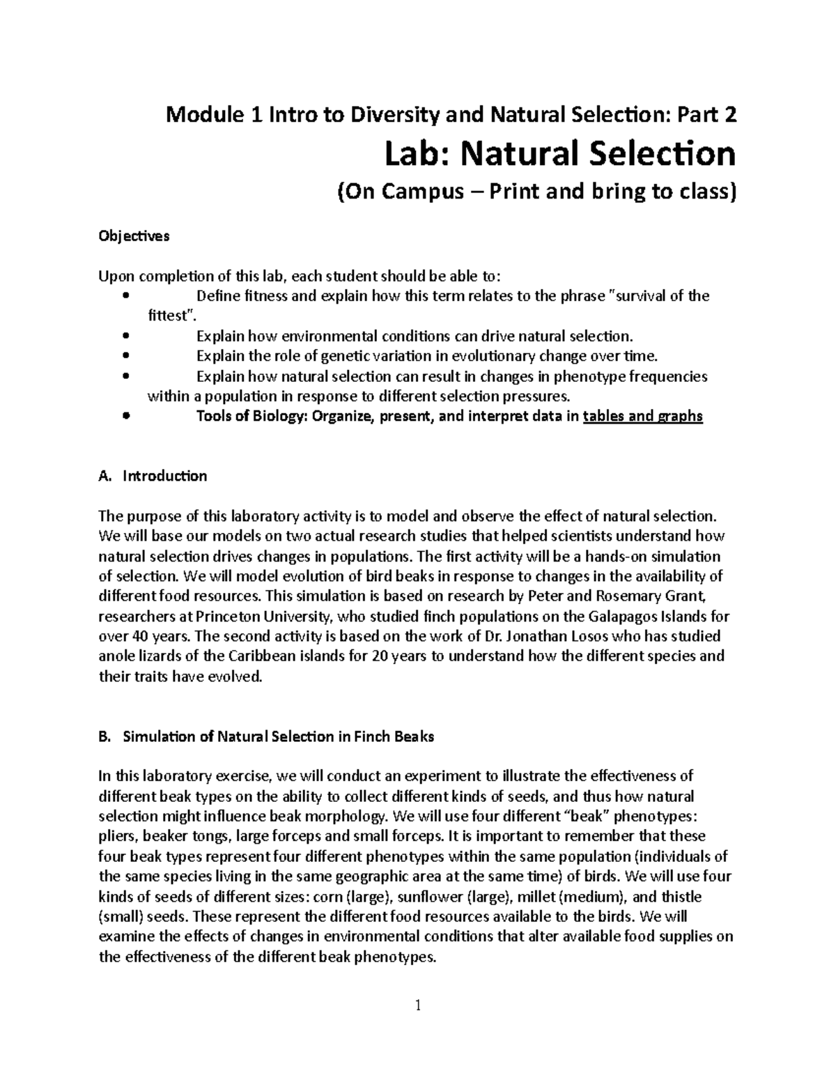 BIO 111 Lab 1.2 Natural Selection Fall 2020 - Module 1 Intro to ...