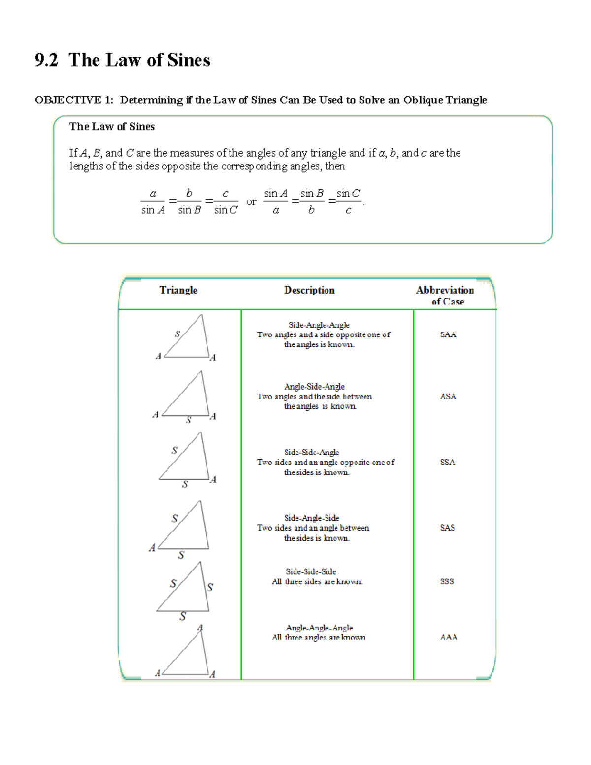 Sec 9 - Lecture notes 9 - 9 The Law of Sines OBJECTIVE 1: Determining ...