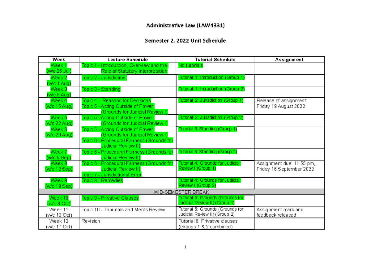 Unit Schedule - LAW4331 - Sem 2 2022 - Administrative Law (LAW4331 ...