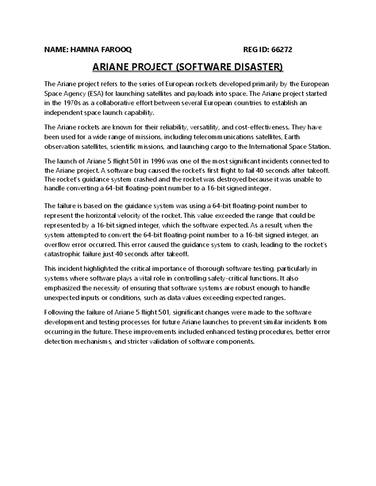 Software assignment - NAME: HAMNA FAROOQ REG ID: 66272 ARIANE PROJECT ...