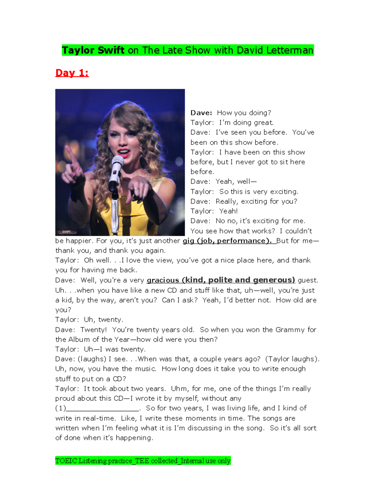 Listening-practice-3 Taylor-swift-interview - Taylor Swift on The Late ...