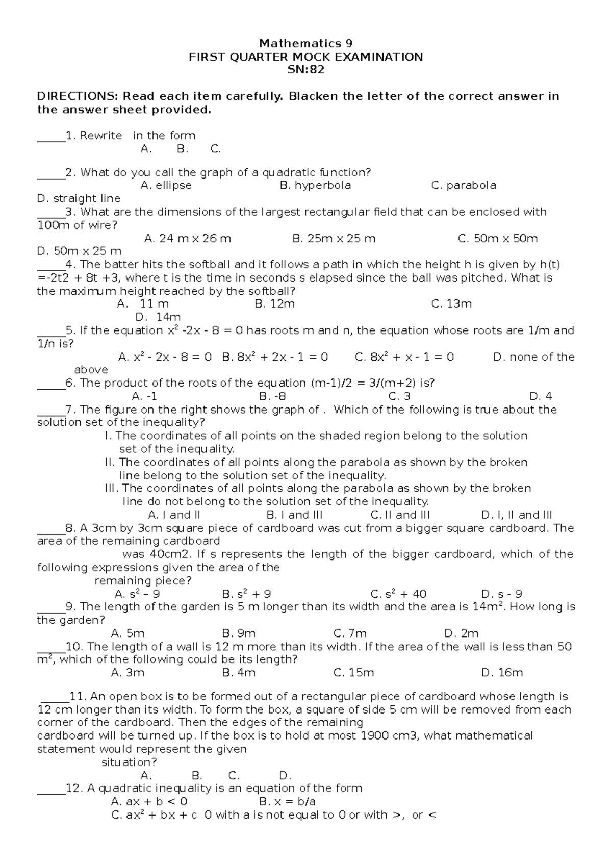 Aspire Q1 Exam Math 9 Version 128 - Mathematics 9 FIRST QUARTER MOCK ...