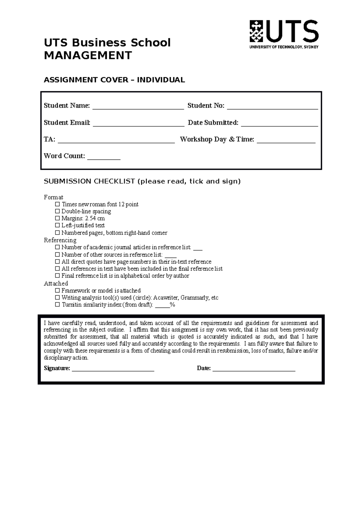 Individual Cover Sheet - UTS Business School MANAGEMENT ASSIGNMENT ...