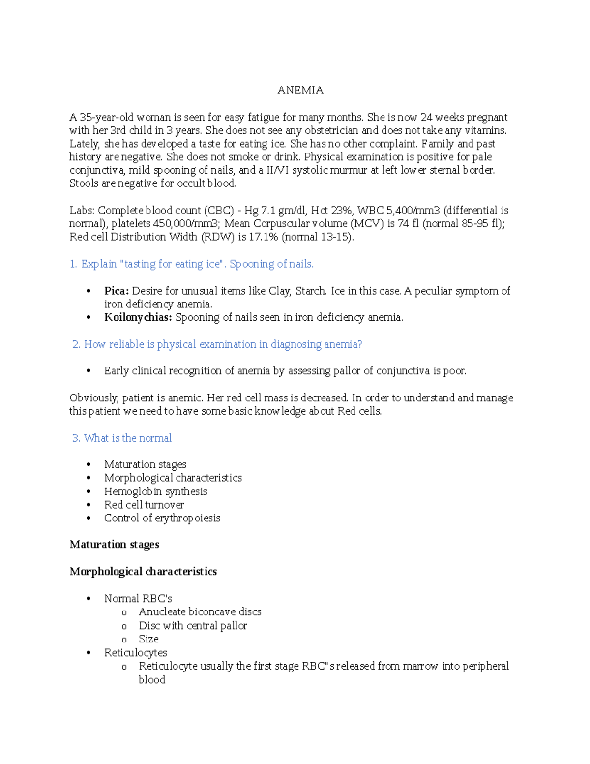 Anemia - STUDY NOTES - ANEMIA A 35-year-old woman is seen for easy ...