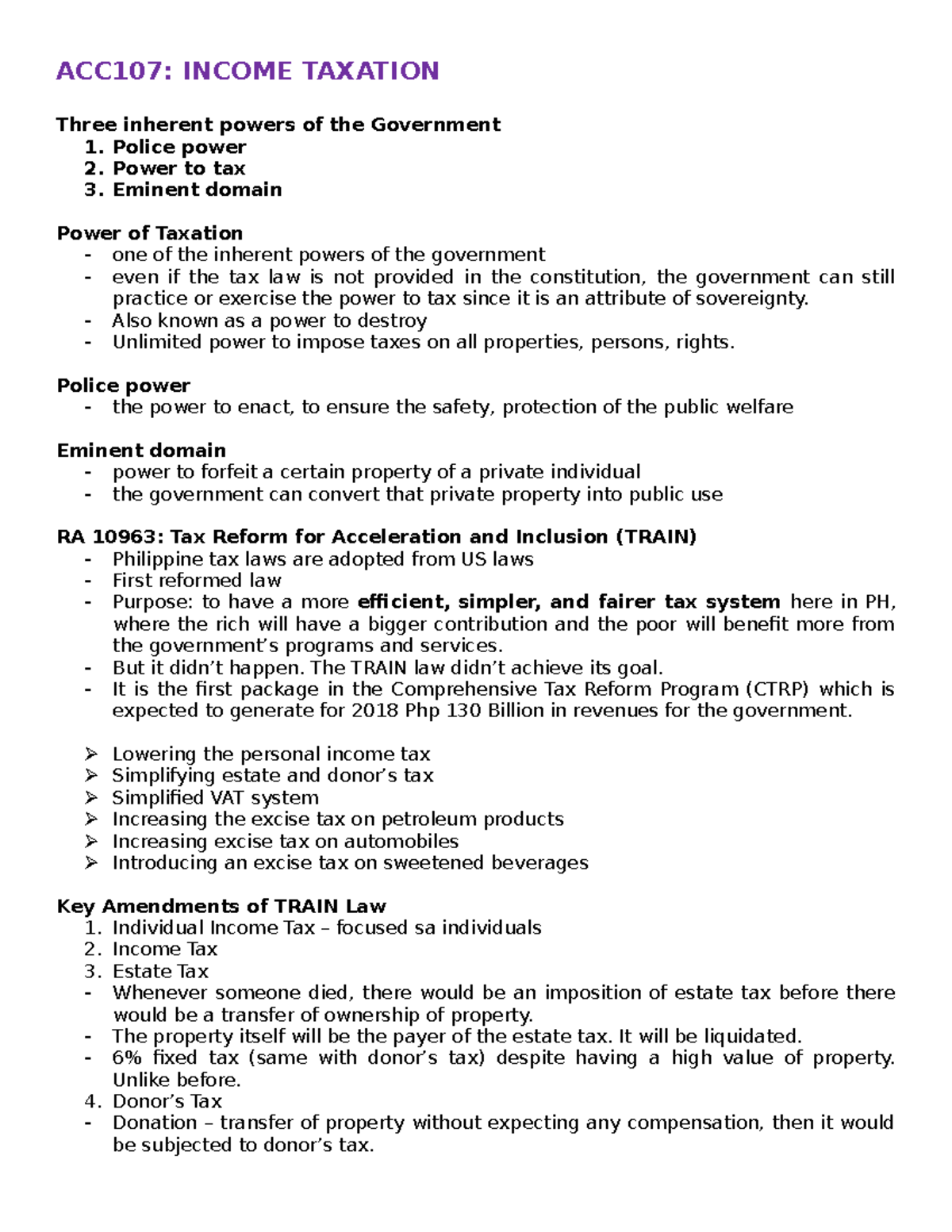 Income Taxation - ACC107: INCOME TAXATION Three inherent powers of the ...