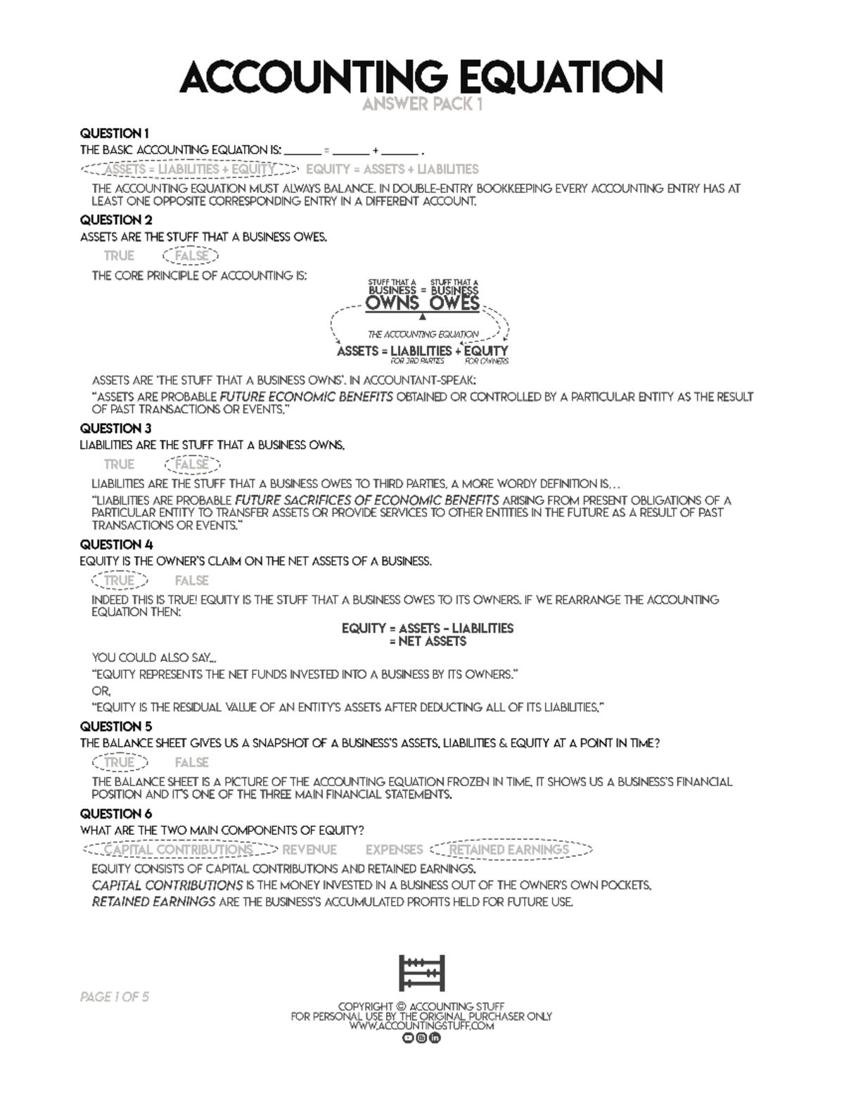 Accounting Equation Answer Pack 1 - ACCT 2101 - Studocu