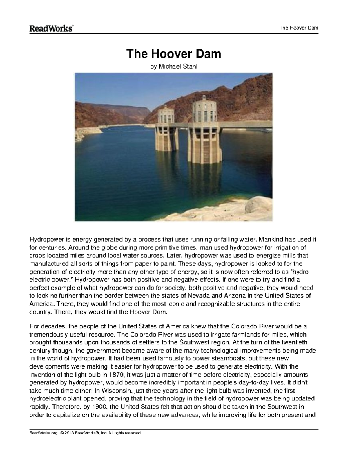 Charles F - Hoover Dam Article (Lesson 1: Forms of Energy) - The Hoover ...