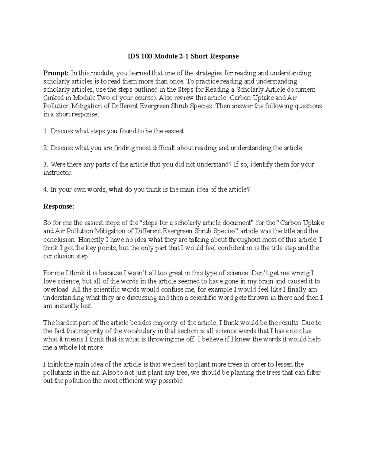 IDS 100 Module 2 Short Resp 1 - IDS 100 Module 2-1 Short Response Prompt: In this module, you ...