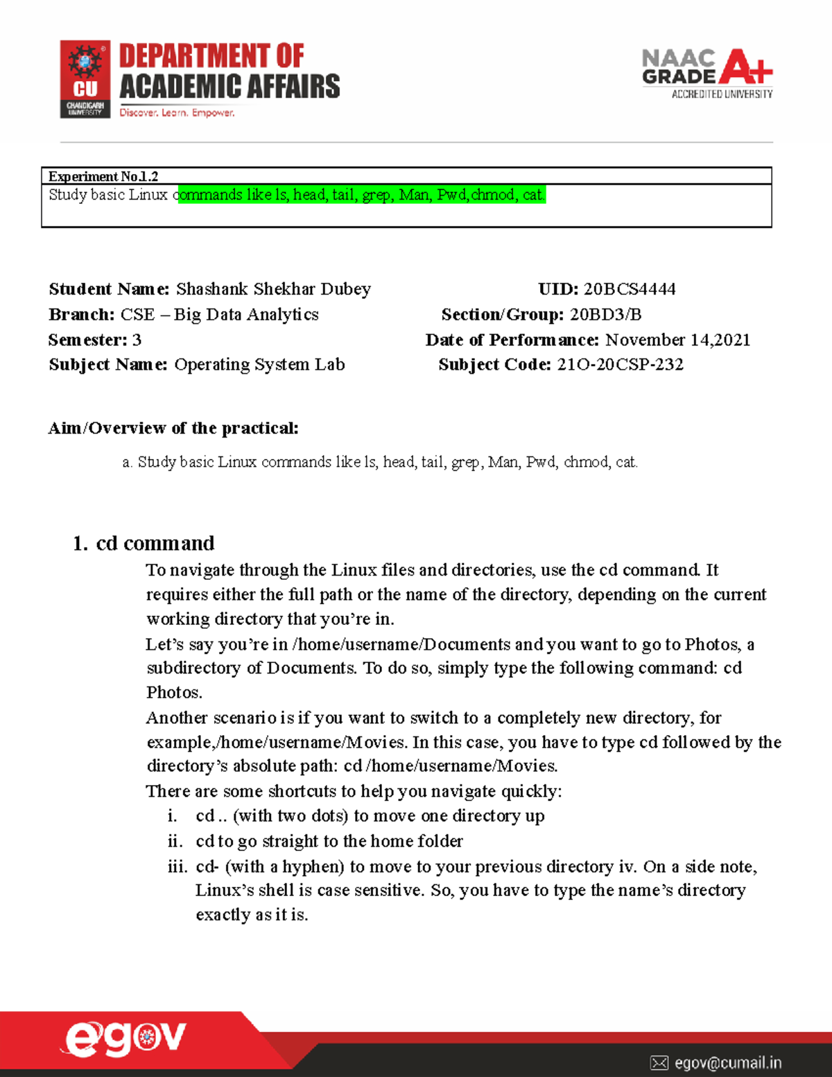 Operating System worksheet 2 - Experiment No. Study basic Linux c ...
