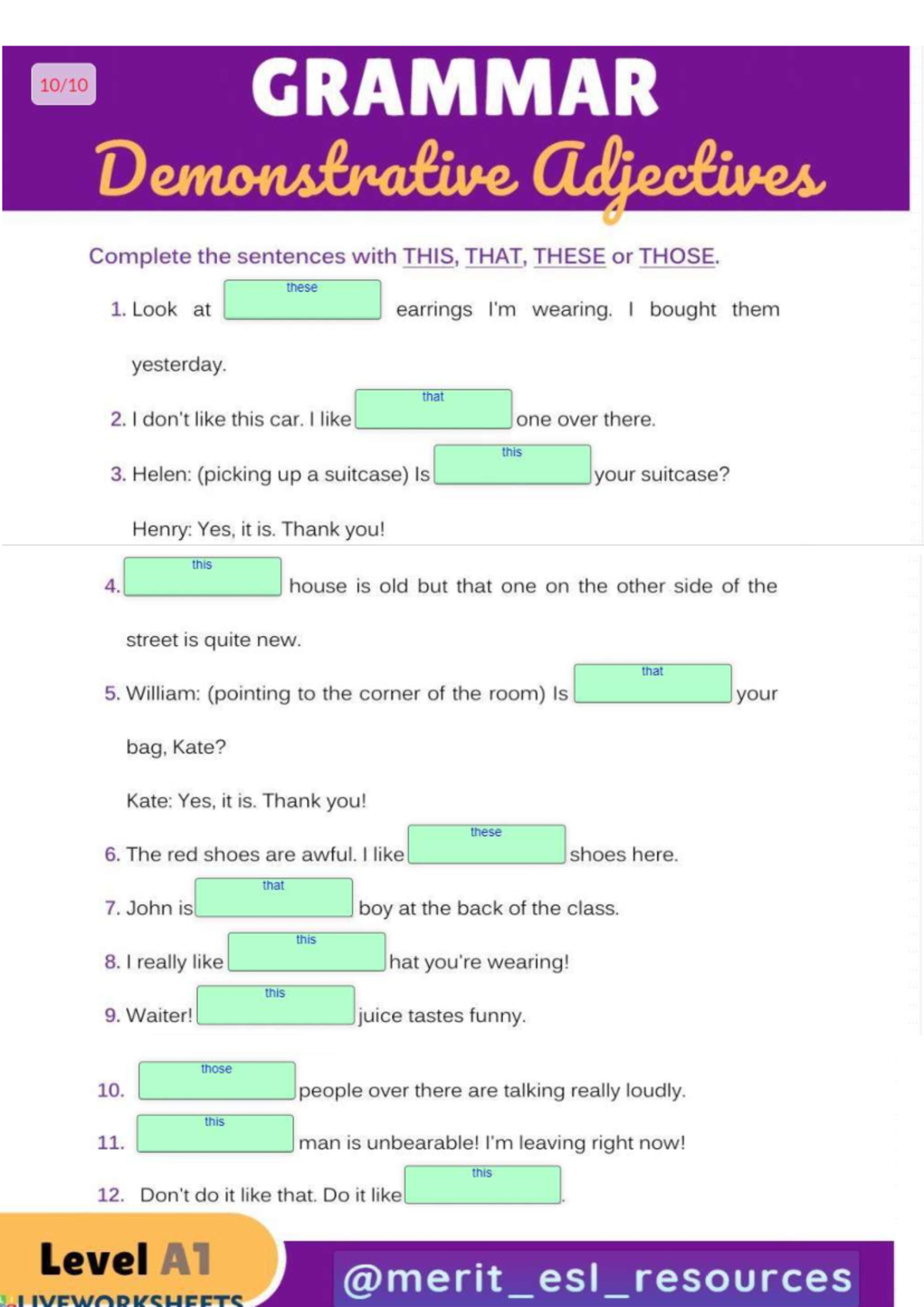 Demonstrative Adjectives Activity - GRAMMAR Demonstrative Adjectives ...