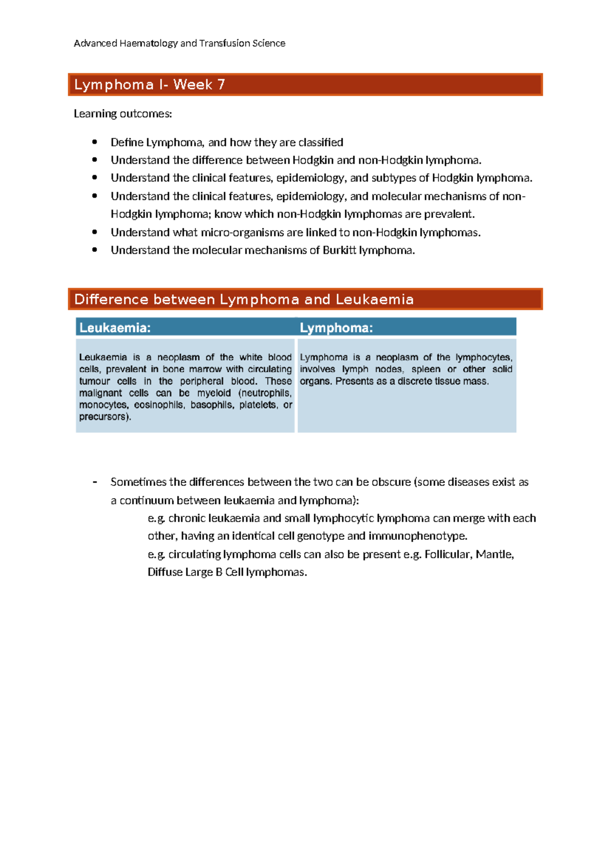 Week 7-Lymphoma I - detailed notes - Lymphoma I- Week 7 Learning ...