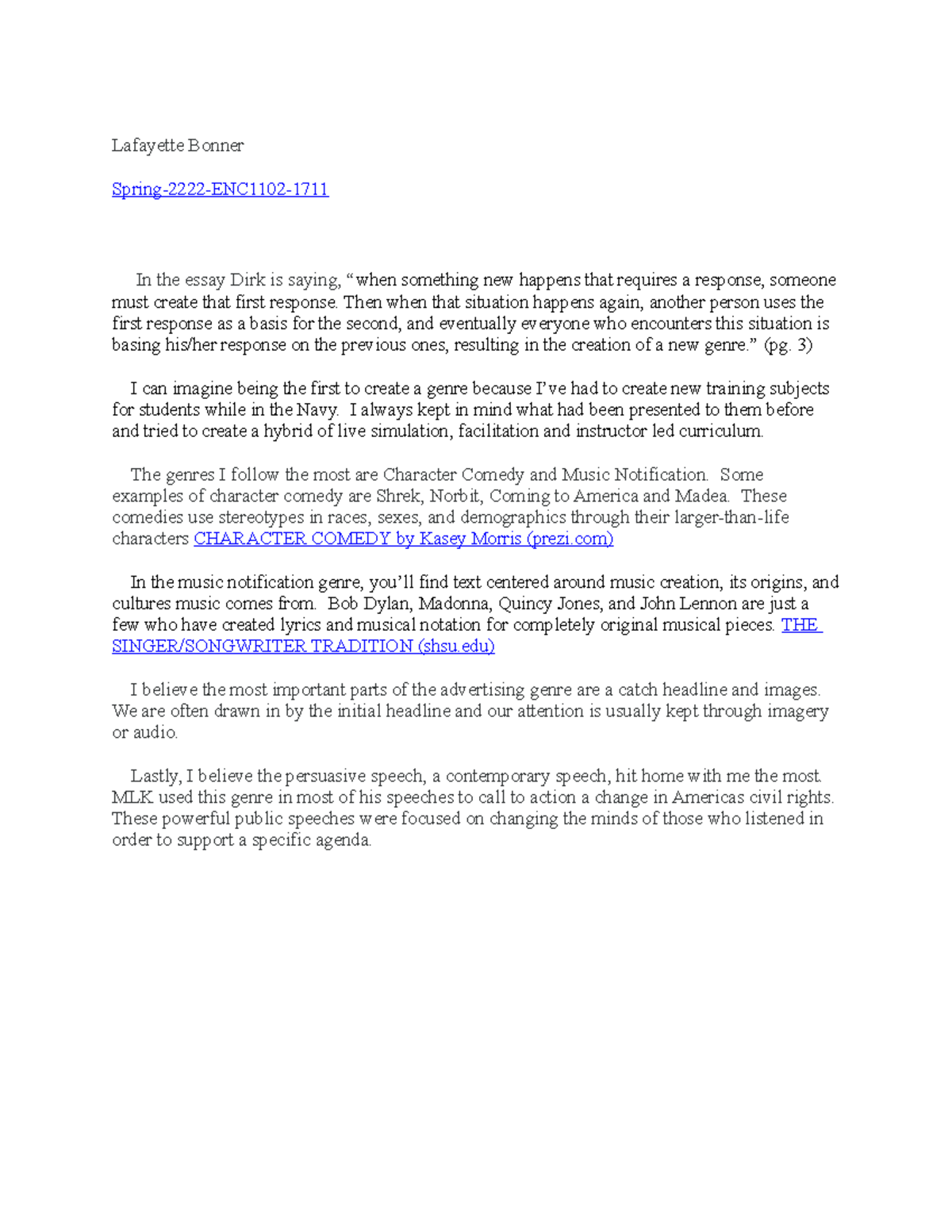 Writing about genres - Lafayette Bonner Spring-2222-ENC1102- In the ...