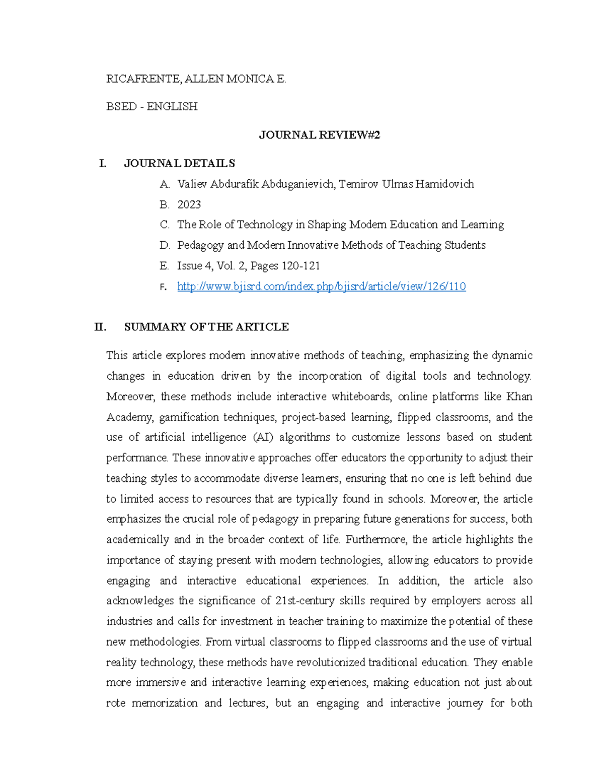 Ricafrente BSED III English 1 - RICAFRENTE, ALLEN MONICA E. BSED - ENGLISH JOURNAL REVIEW# I ...