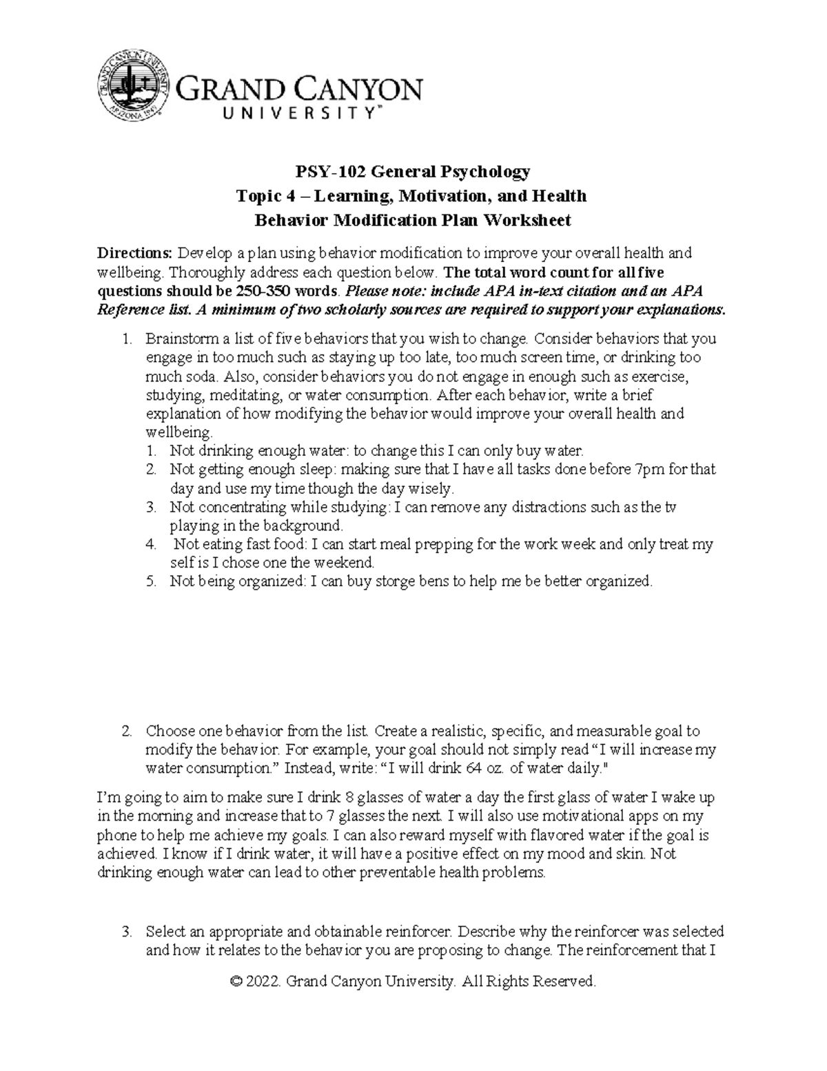 PSY 102 RS T4 Behavior Modification Plan - PSY-102 General Psychology ...