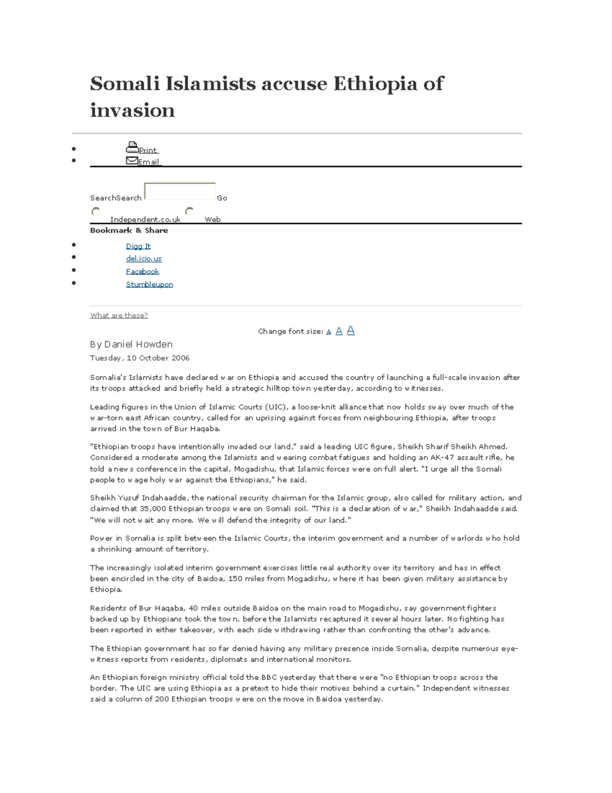 Bbc - Somali Islamists accuse Ethiopia of invasion - Somali Islamists ...