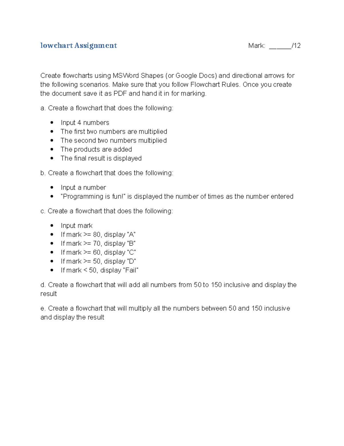 Flowchart Assignment V4 - Copy - lowchart Assignment Mark ...