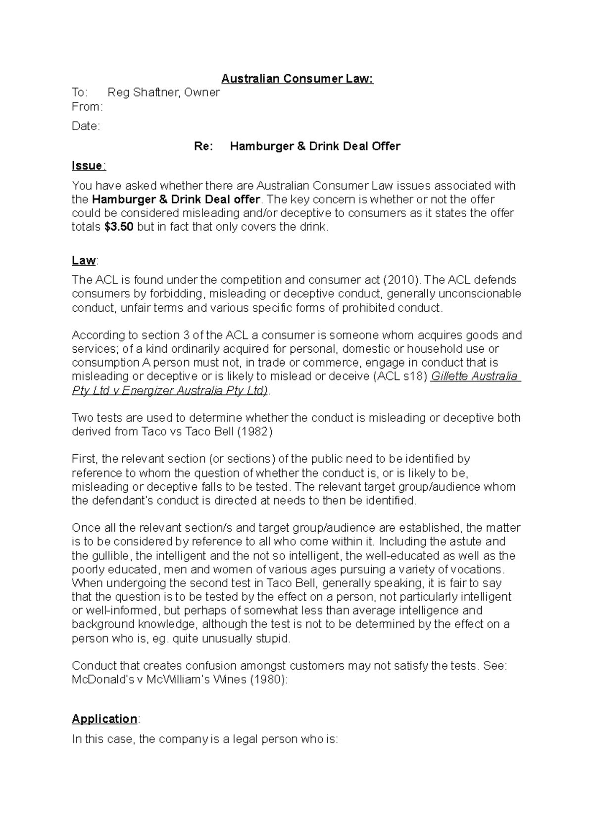 Australian Consumer Law ILAC - Australian Consumer Law: To: Reg ...