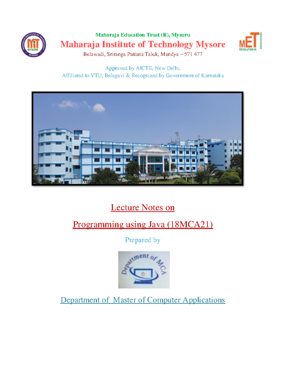 Java notes - Maharaja Education Trust (R), Mysuru Maharaja Institute of ...