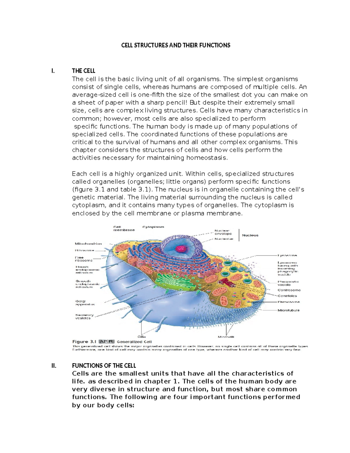 Cells 1 - notes - CELL STRUCTURES AND THEIR FUNCTIONS I. THE CELL The ...