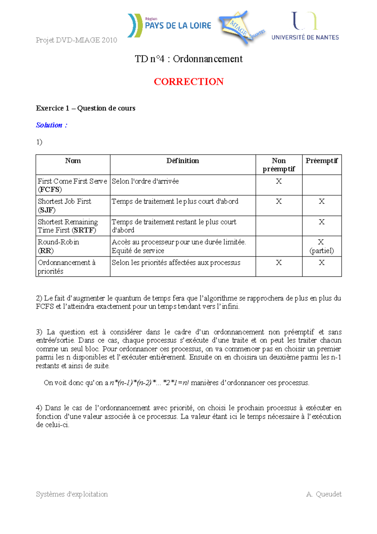 Correction TD4 ordonnancement - TD n°4 : Ordonnancement CORRECTION Exercice 1 – Question de ...