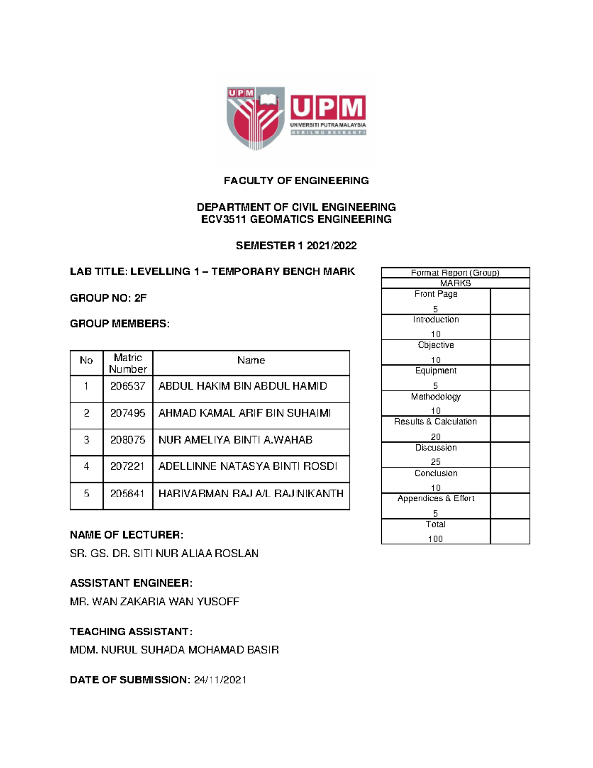 LAB Report ( Levelling 1- Temporary Benchmark) - FACULTY OF ENGINEERING ...